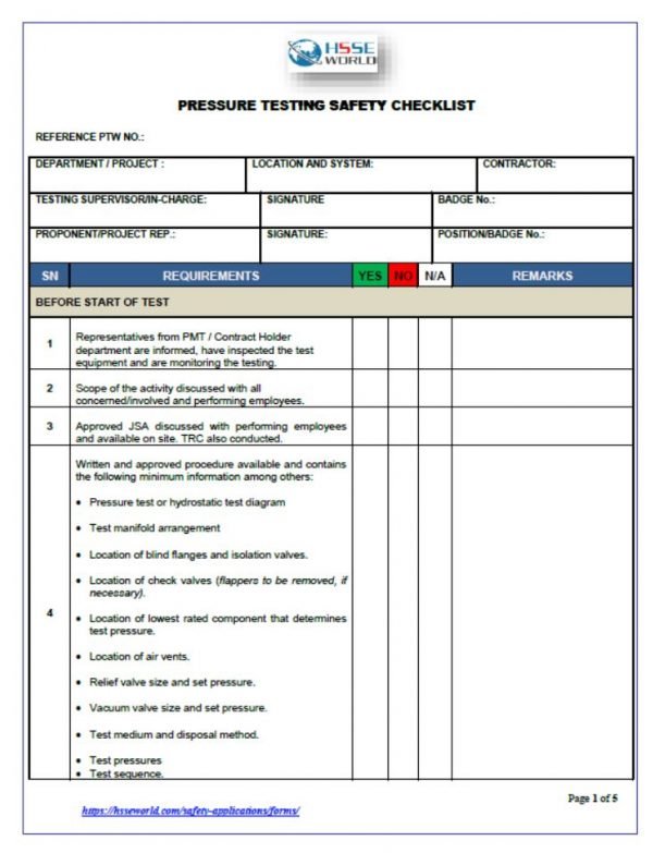 Pressure Testing Checklist - HSSE WORLD