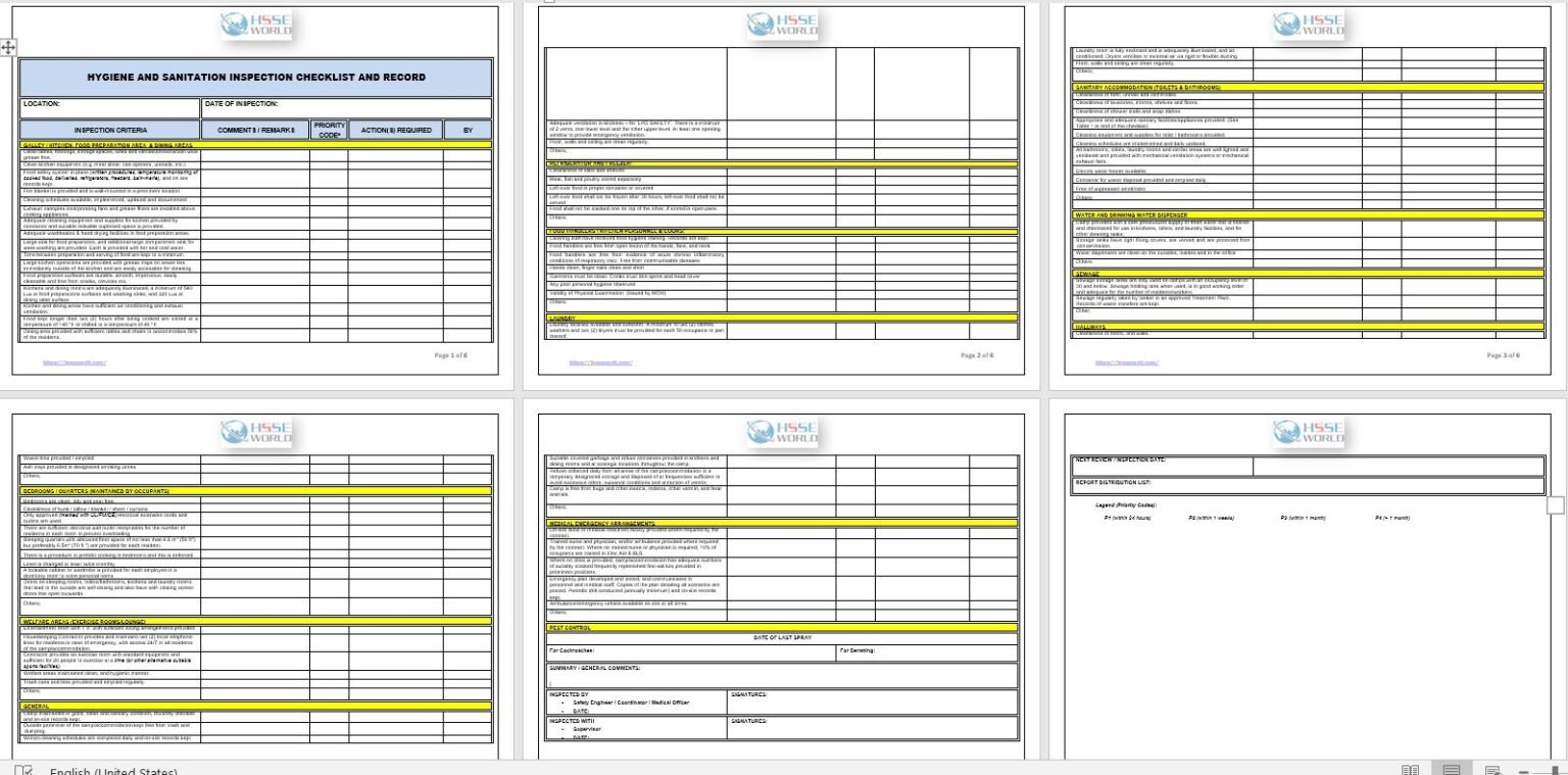 Hygiene and Sanitation Inspection Checklist