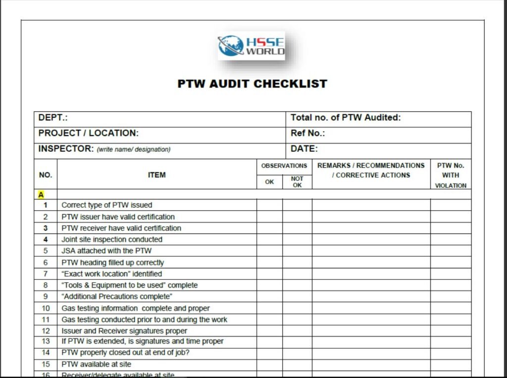 Permit to Work (PTW ) AUDIT CHECKLIST