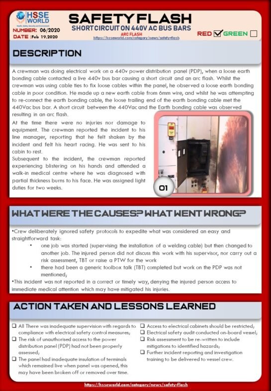 Safety Flash: Short circuit on 440v AC bus bars -arc flash