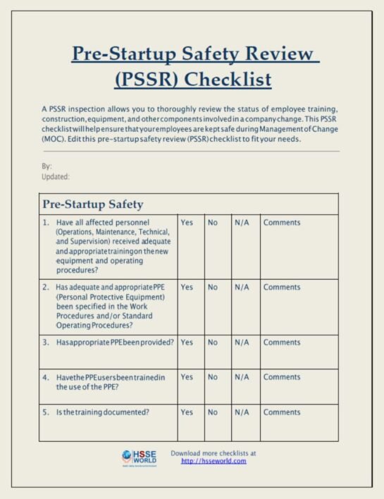 Free Pre-Startup Safety Review Checklist (PSSR) HSSE WORLD