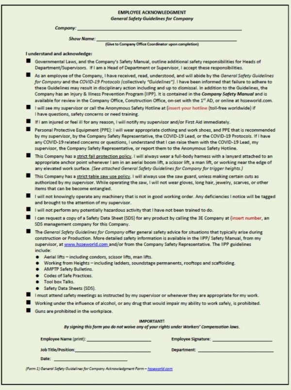 General Safety Guidelines and Employee Acknowledgment form