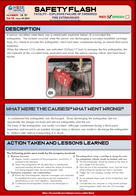 Safety Flash: Fatality:explosive failure of corroded fire extinguisher
